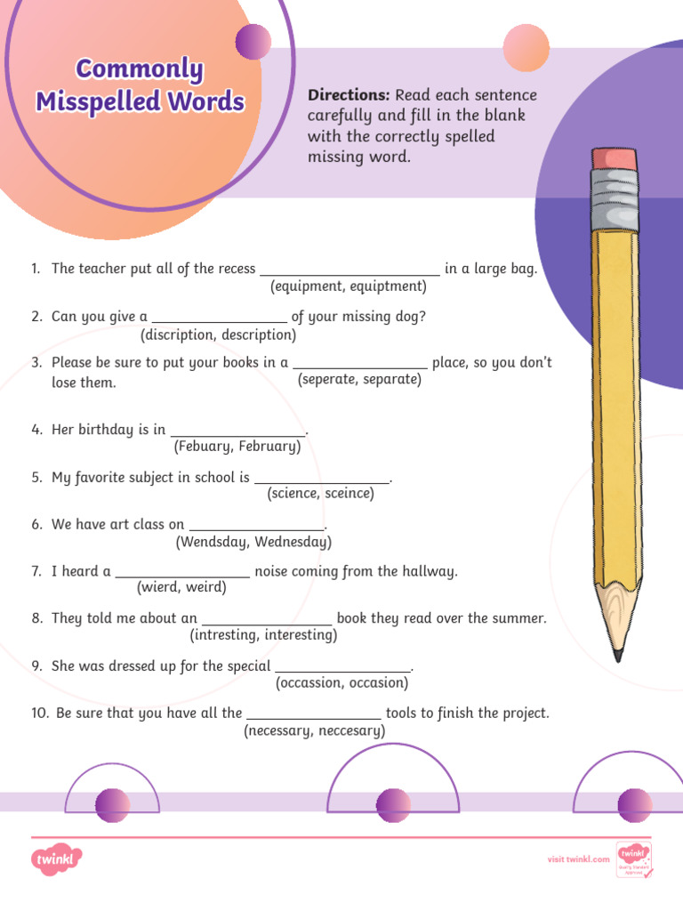 Color Commonly Misspelled Words Activity For 3rd-5th Grade | PDF