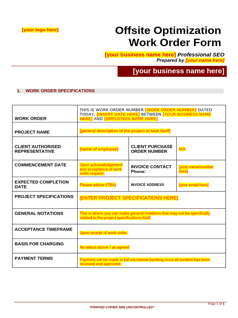 Offsite Optimization Work Order Form | PDF