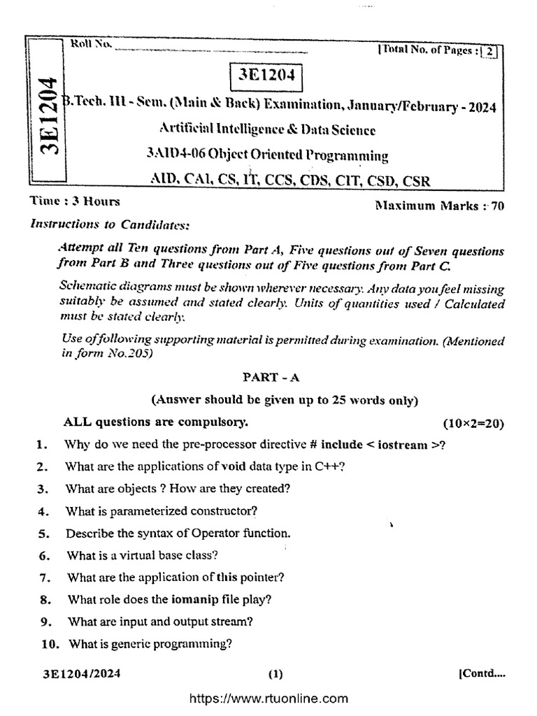 Btech Cs It 3 Sem Object Oriented Programming 3e1204 Feb 2024 | PDF