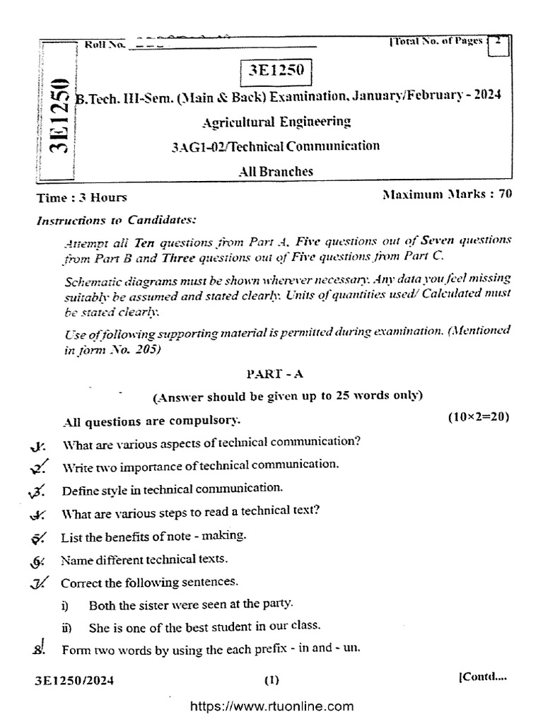 Btech 3 Sem Technical Communication 3e1250 Feb 2024 | PDF