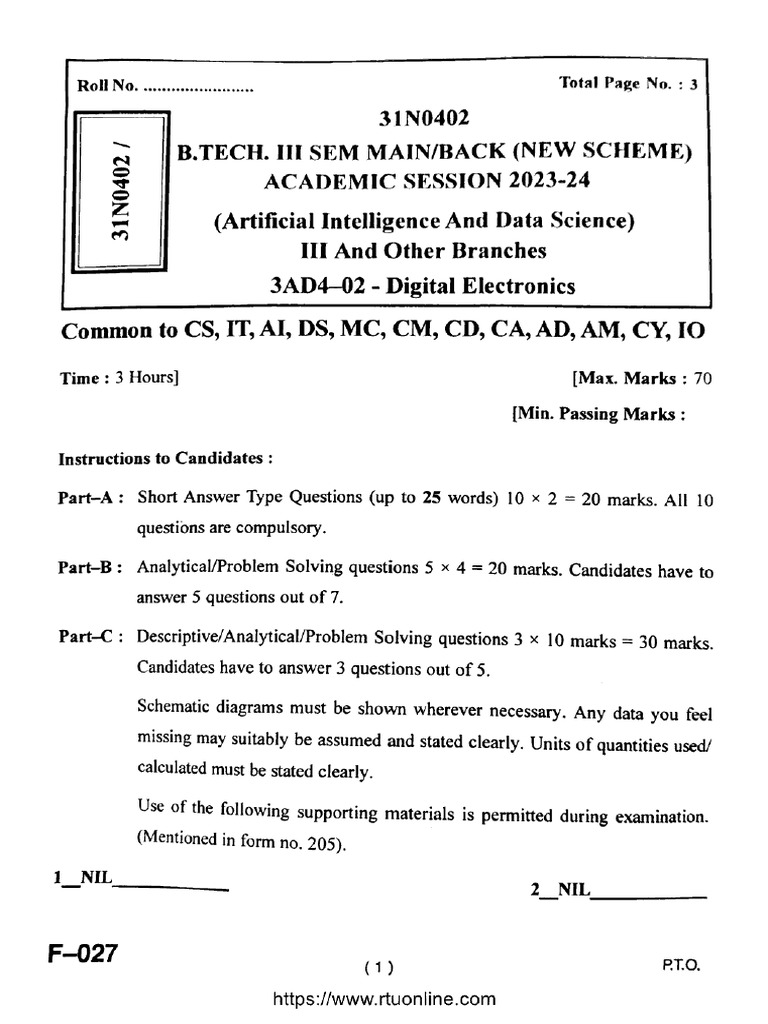 Btech Cs It 3 Sem Digital Electronics 31n0402 2024 | PDF