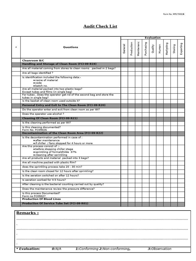 Clean Room and Production Audit Checklist | PDF | Intravenous Therapy
