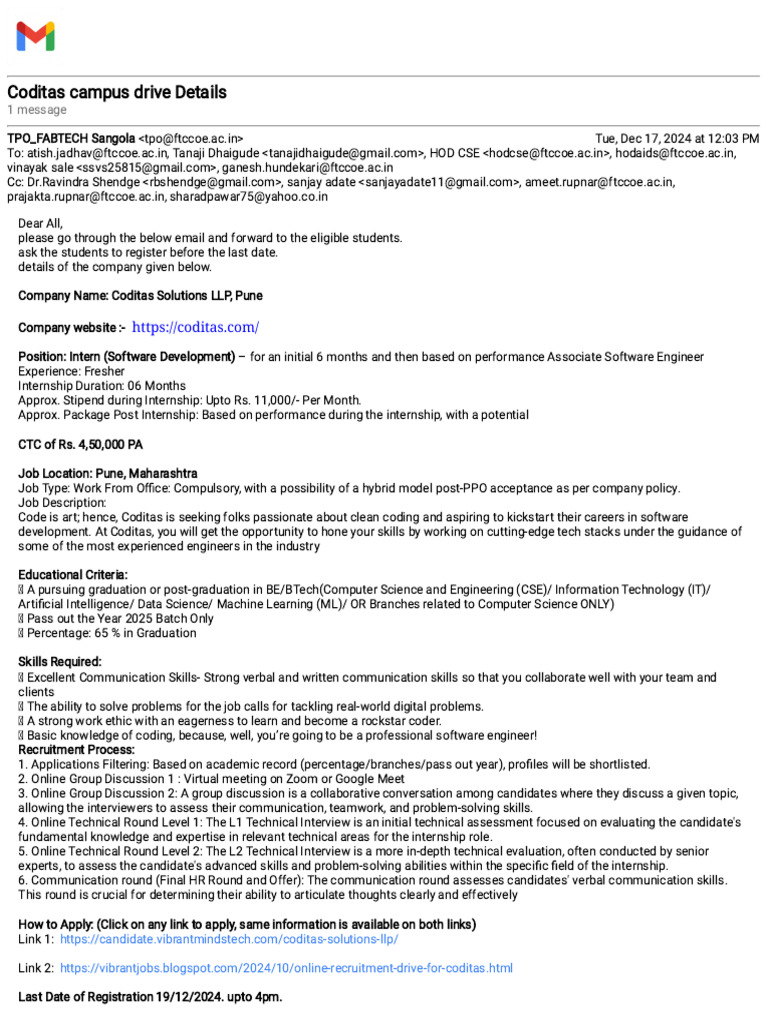 Coditas Internship Drive Details 2024 | PDF | Cognition | Learning