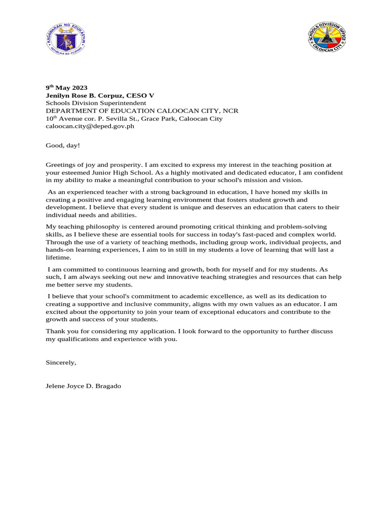 Letter of Intent Example - Applying To Deped | PDF