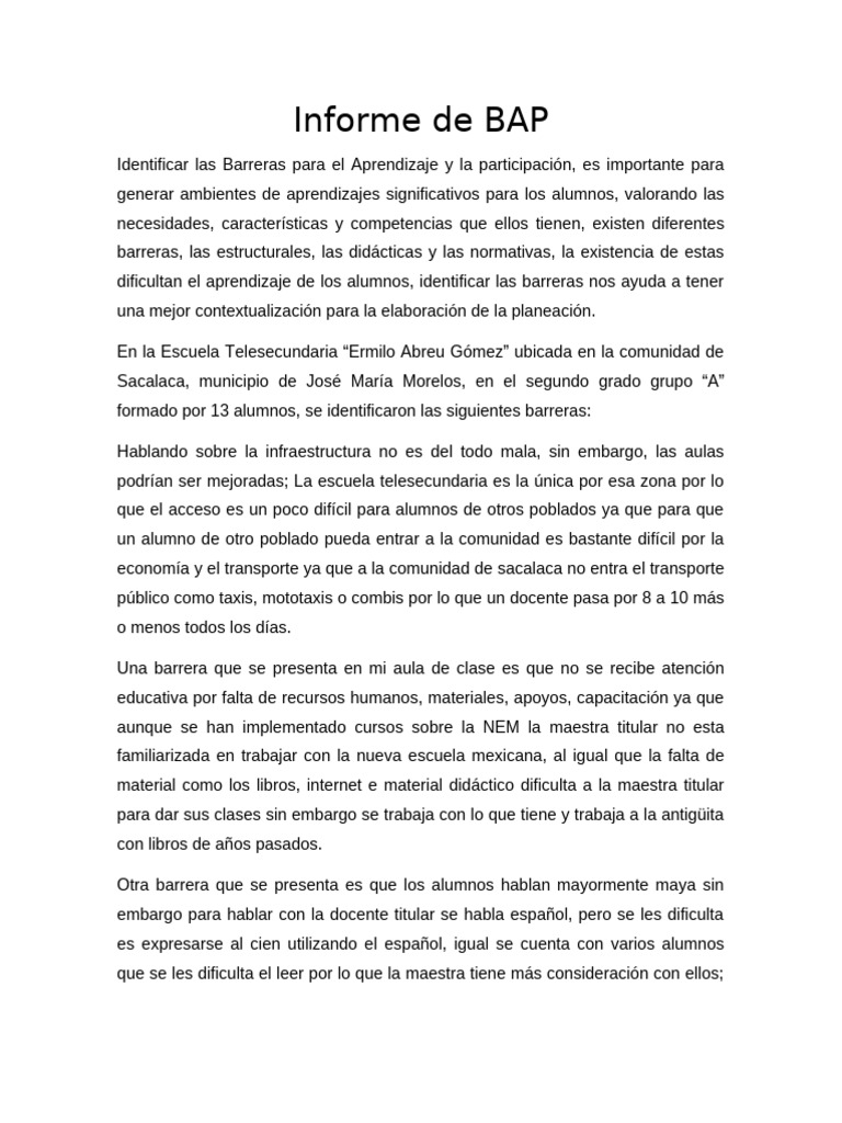 Informe de BAP | PDF | Escuelas | Aprendizaje