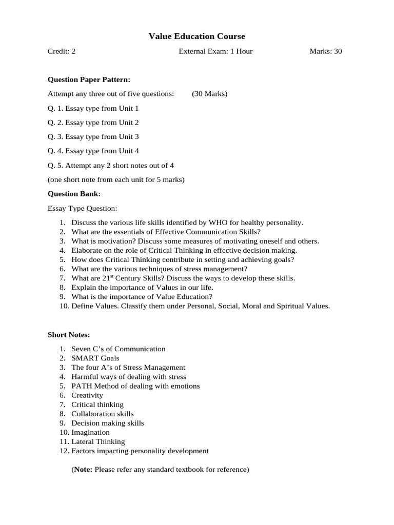Value Education Exam Pattern and Questions | PDF