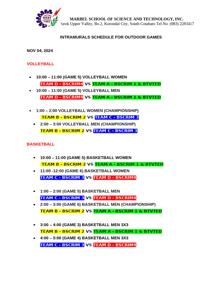 INTRAMURALS 2024 Games-Sched | PDF | Sports Competitions | Games Of ...