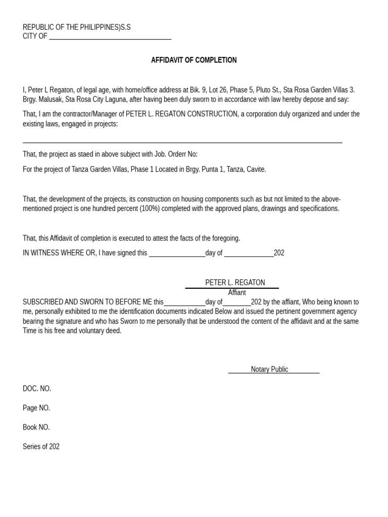 AFFIDAVIT OF COMPLETION | PDF
