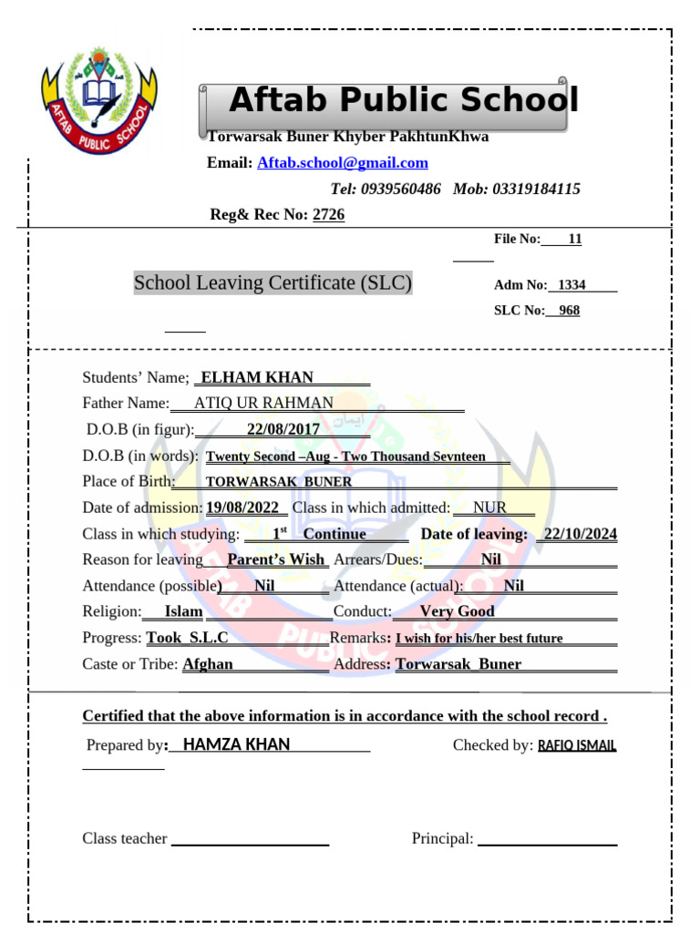 Aftab School Leaving Certificate: Elham Khan | PDF