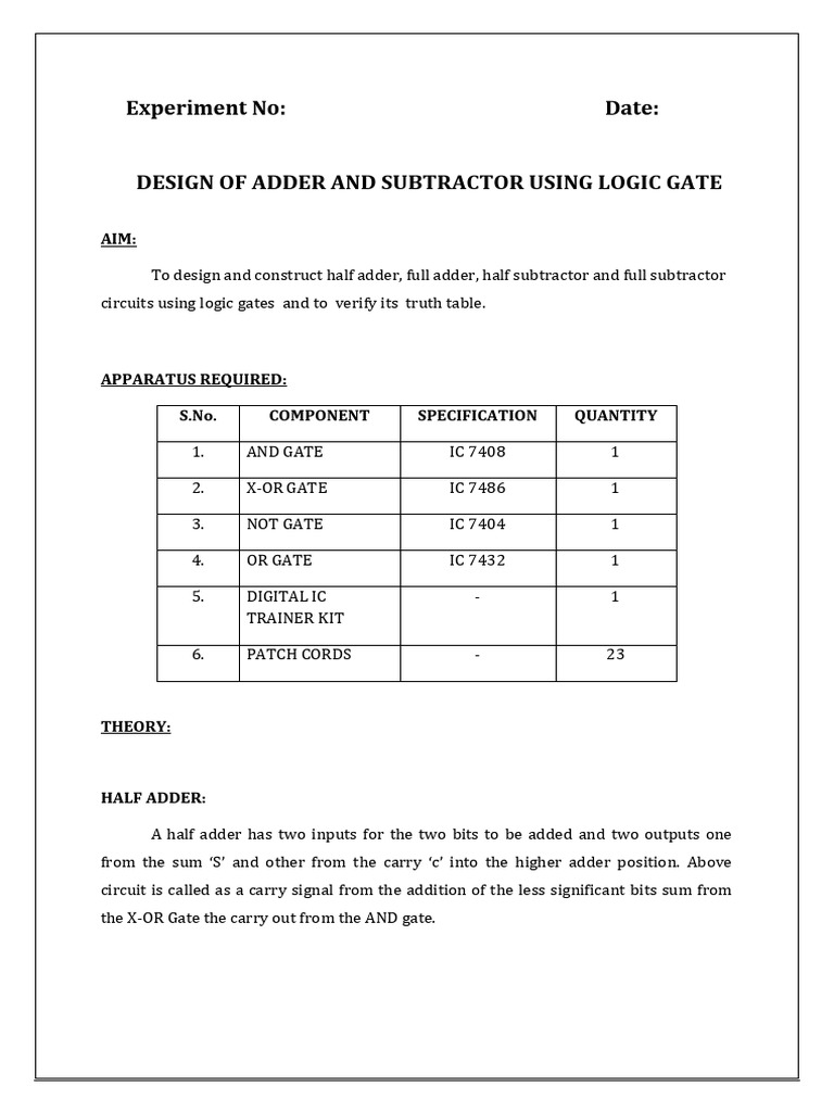 Lab2 - Design of Adder and Subtractor - Hardware | PDF | Logic Gate | Electrical Engineering