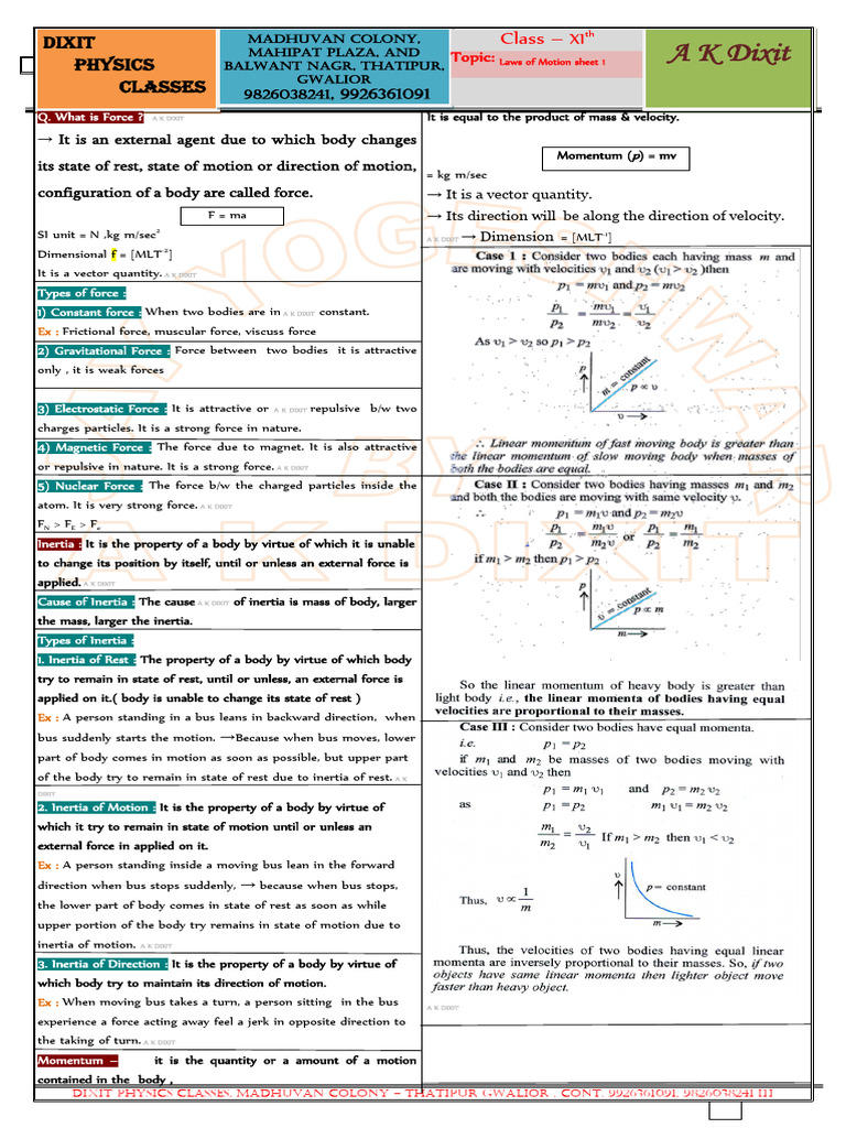 Law of Motion SHEET 1 SEPTEMBER 20 MADE BY HONEY .. | PDF | Force | Inertia