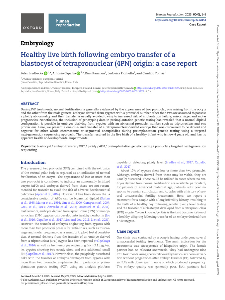 Healthy Live Birth Following Embryo Transfer of A Blastocyst of ...