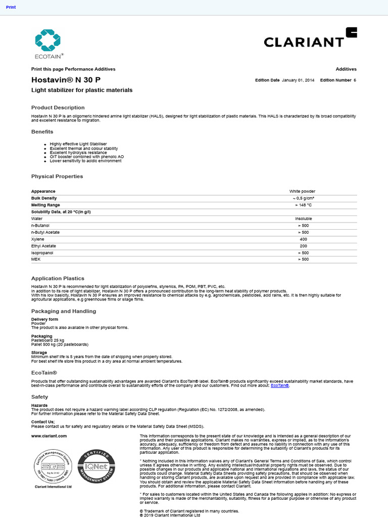 TDS Hostavin-N-30-powder | PDF | Plastic | Materials