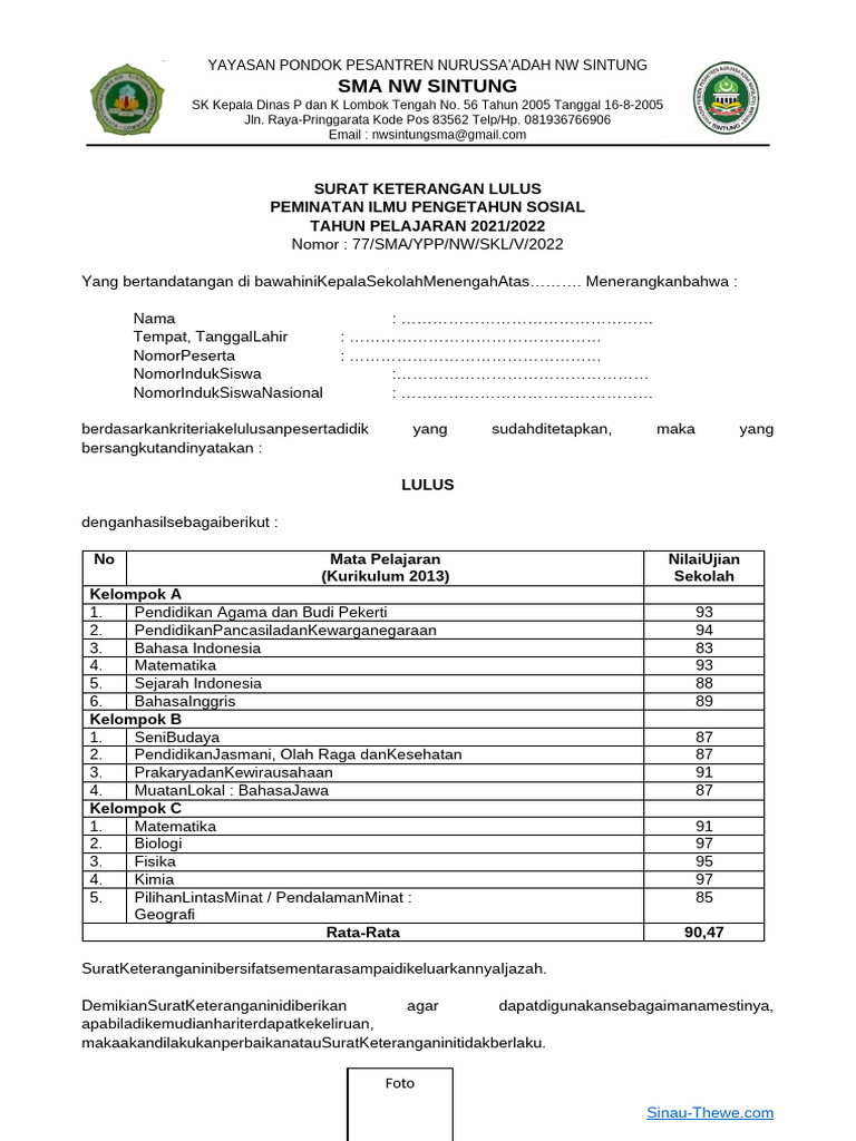 Surat Keterangan Lulus (SKL) SD,SMP,SMA,SMK 2021 Sinau-Thewe.com | PDF