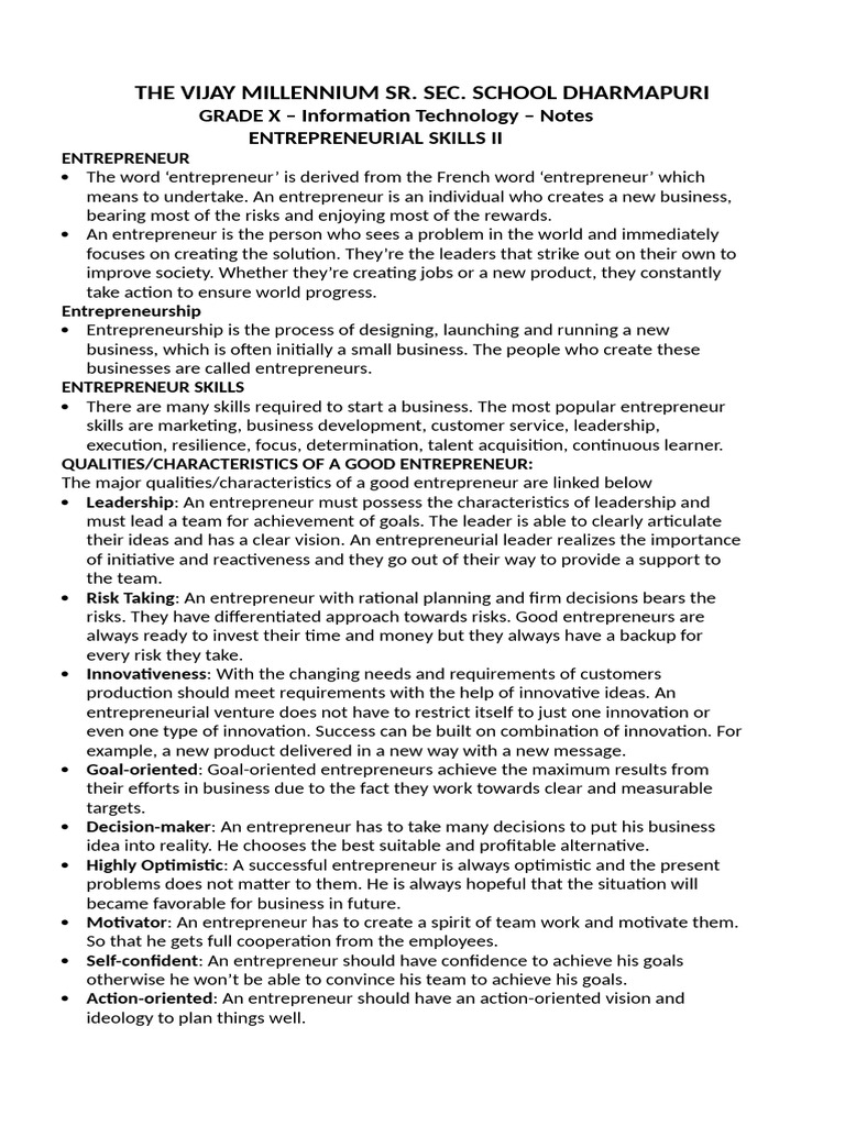 10 Ep Notes Pdf Entrepreneurship Startup Company