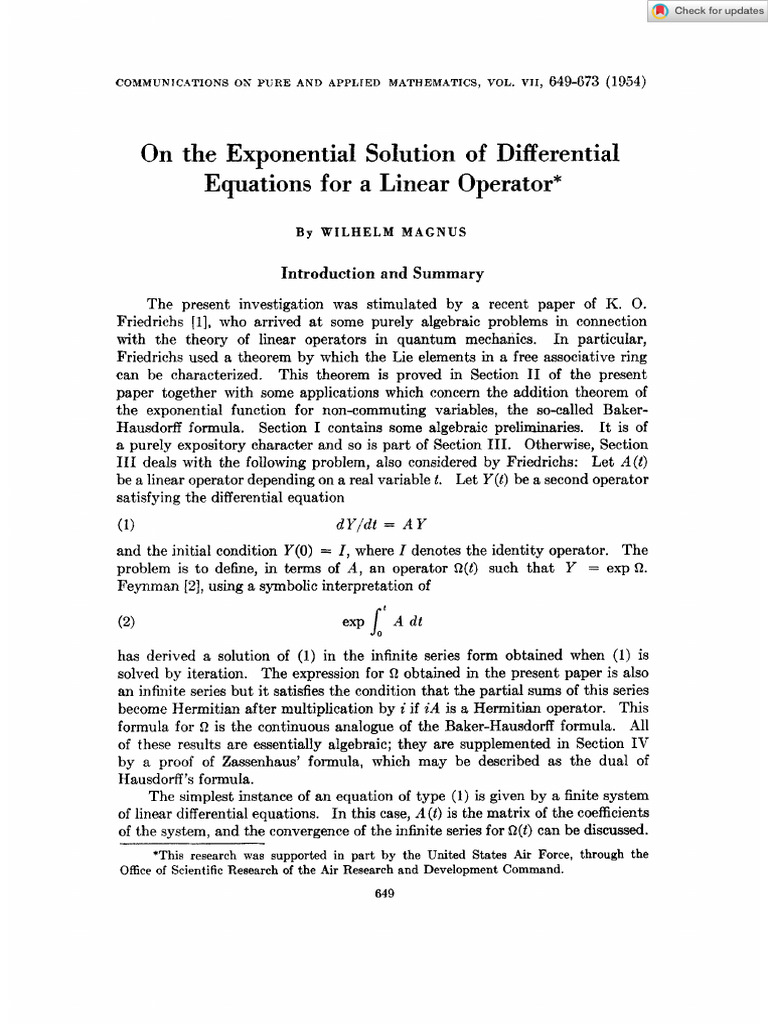 On The Exponential Solution of Differential Equations For A Linear Operator - Magnus | PDF ...