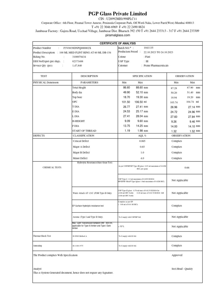 83 Certificate of Analysis (COA) | PDF | Materials Science | Materials
