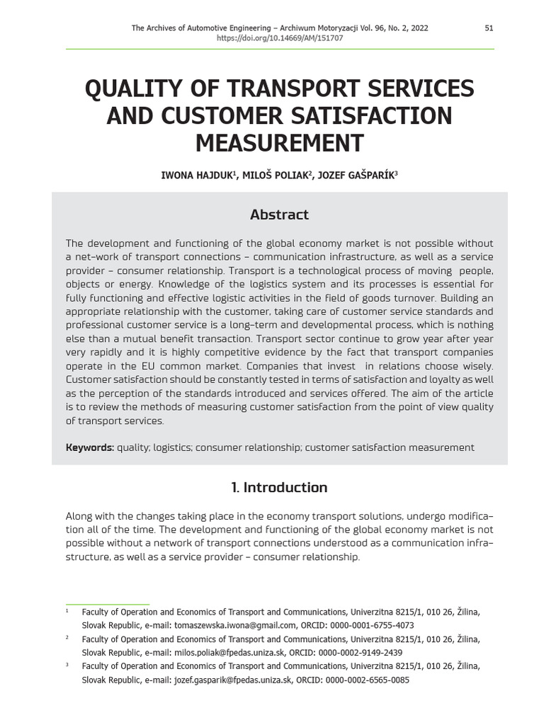 Quality of Transport Services and Customer Satisfa | PDF | Customer ...