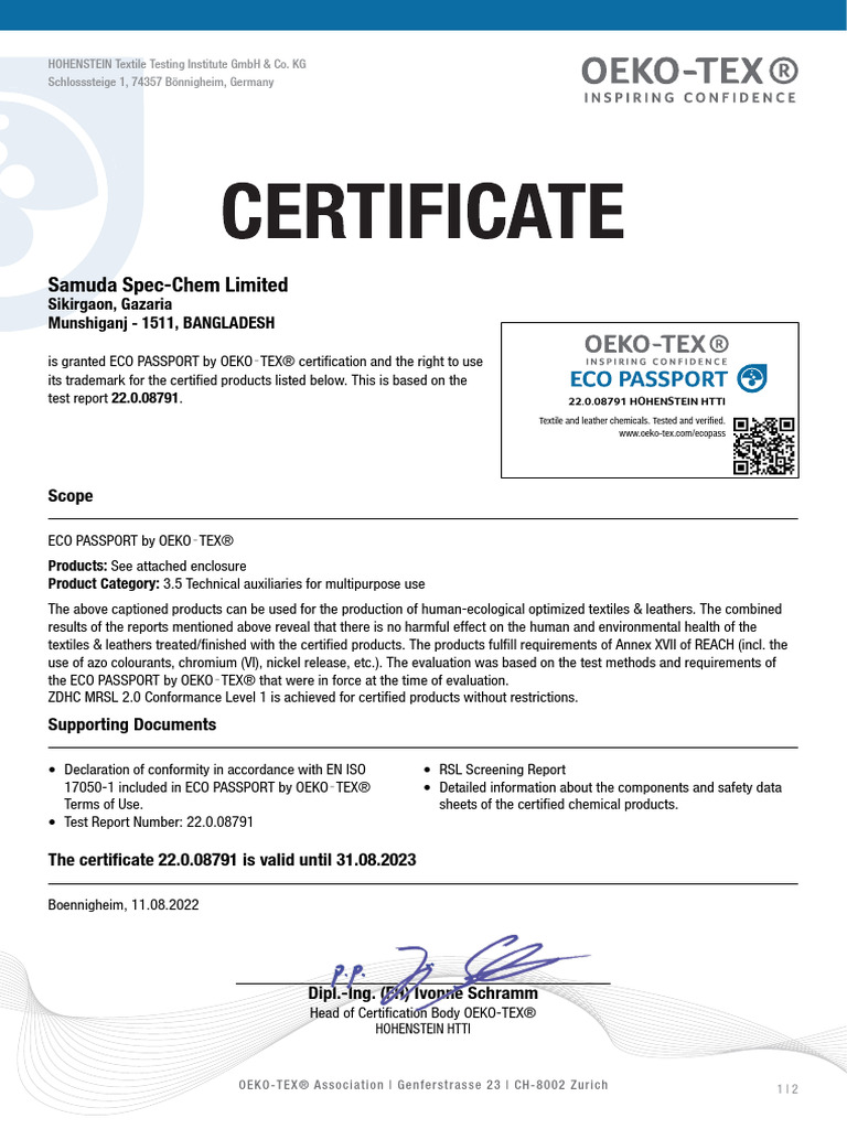 ECO PASSPORT LVL -1 TEXTILE AUXILIARY 22.0.08791 Part -1 BLN to STB | PDF