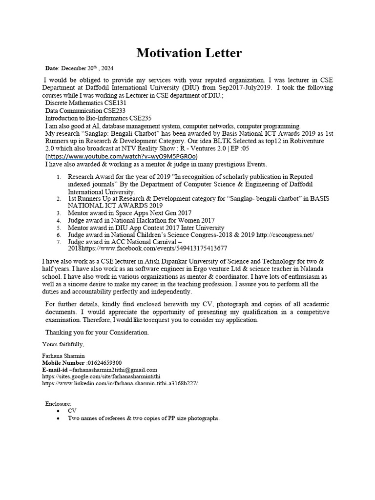 Farhana Sharmin Motivation Letter | PDF | Science | Computing