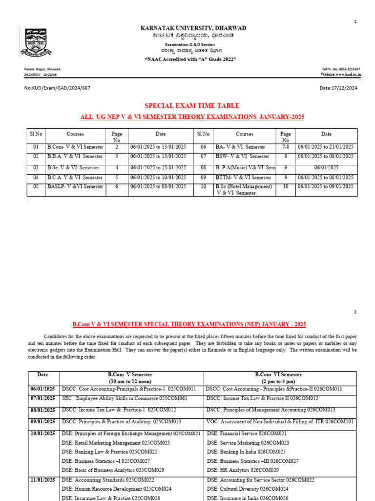 NEP Special Exam Time Table v & VI Semester January 2025 | PDF ...