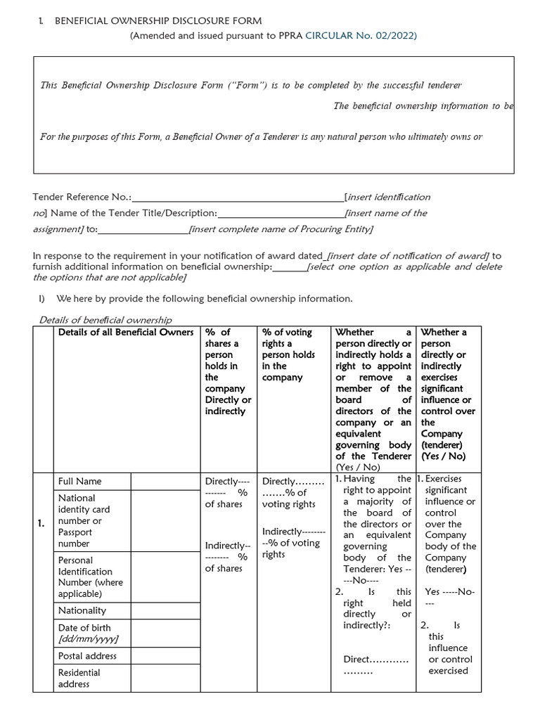 BENEFICIAL OWNERSHIP DISCLOSURE FORM - Blank | PDF | Identity Document ...