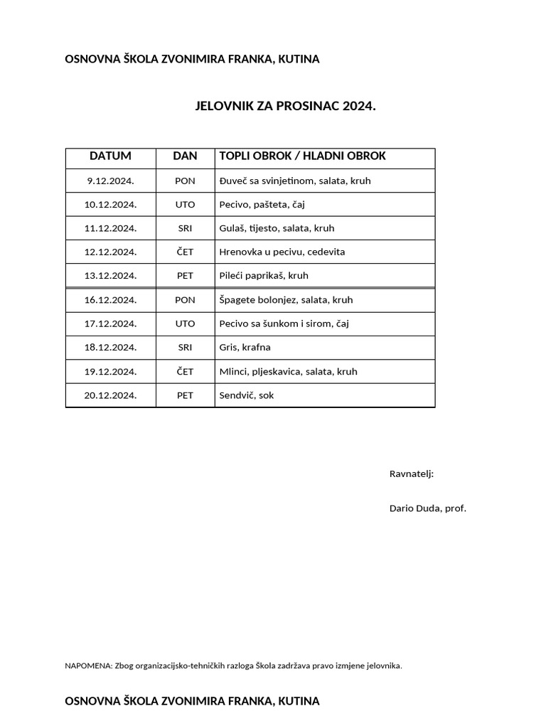 Jelovnik Za Prosinac 2024 | PDF