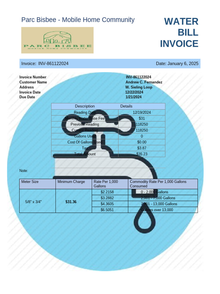 Water Bill Invoice Template | PDF