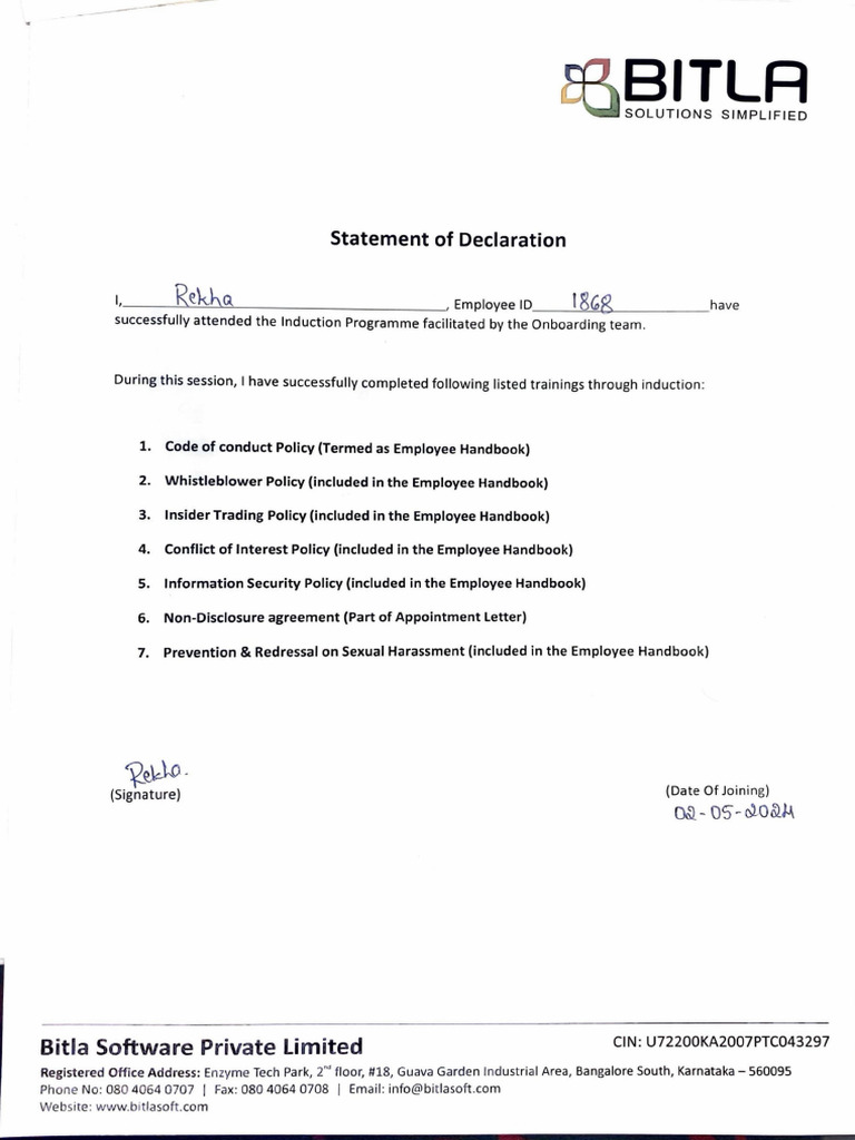 Induction Training Completion at Bitla | PDF | Industrial Relations ...
