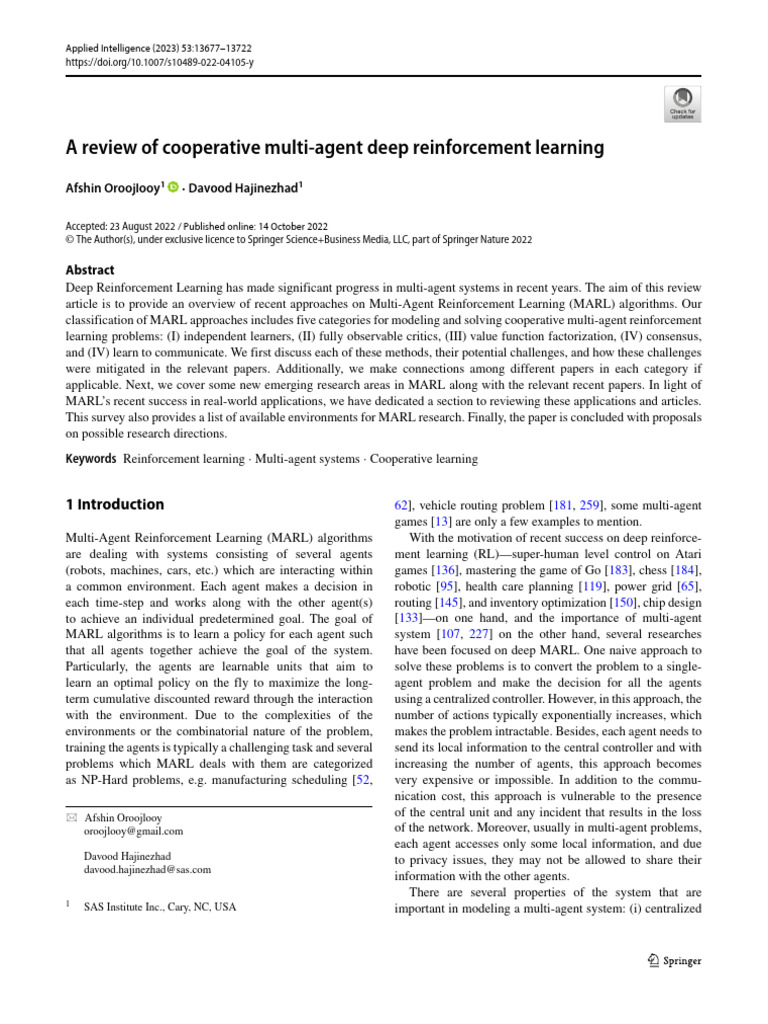 A Review of Cooperative Multi-Agent Deep Reinforcement Learning | PDF | Artificial Neural ...