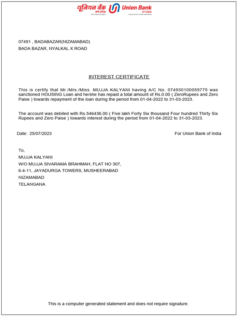 Home Loan Interest Certificate - Kalyani | PDF