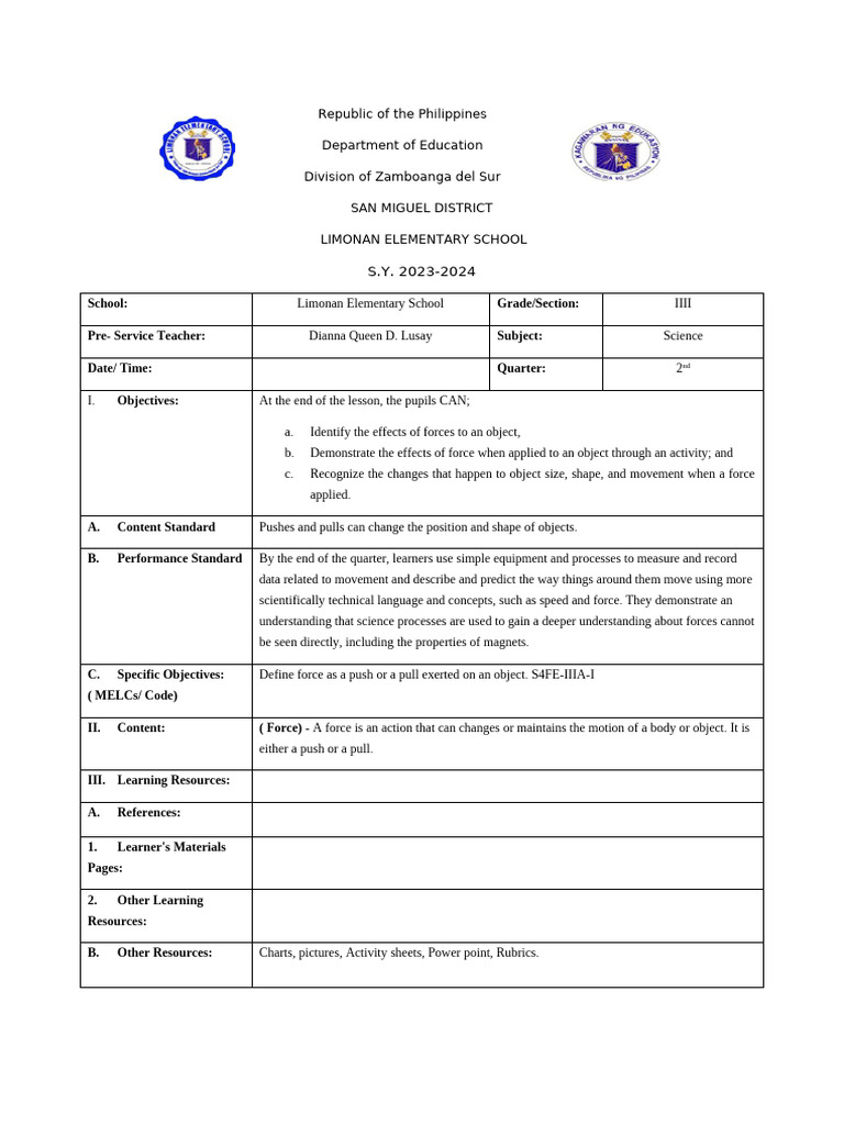 Lesson Plan 8 Final Science | PDF | Force | Learning