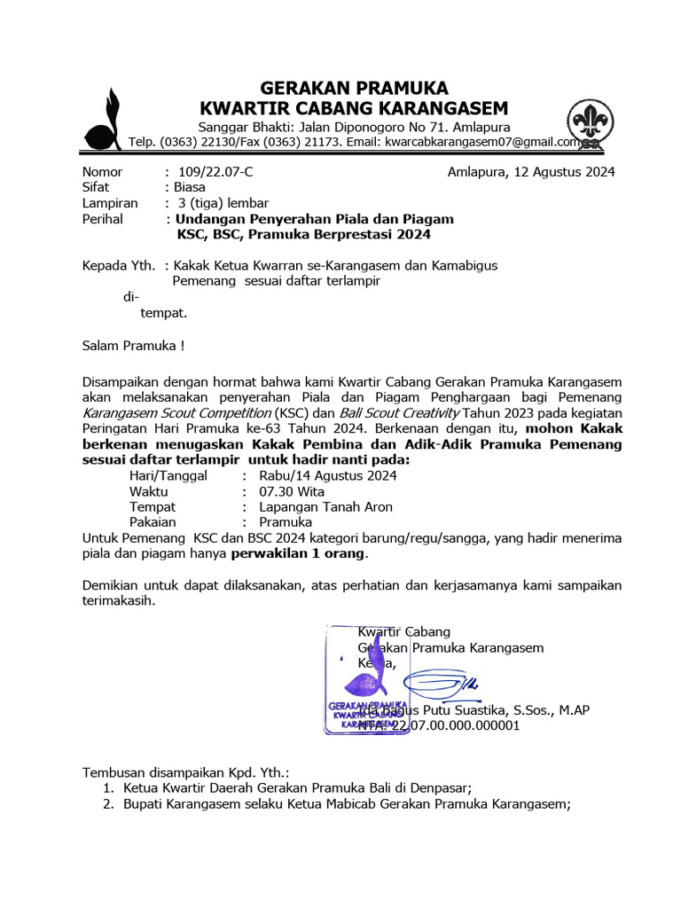 109-Undangan Peringatan Hari Pramuka bagi Pemenang Lomba 2024 | PDF