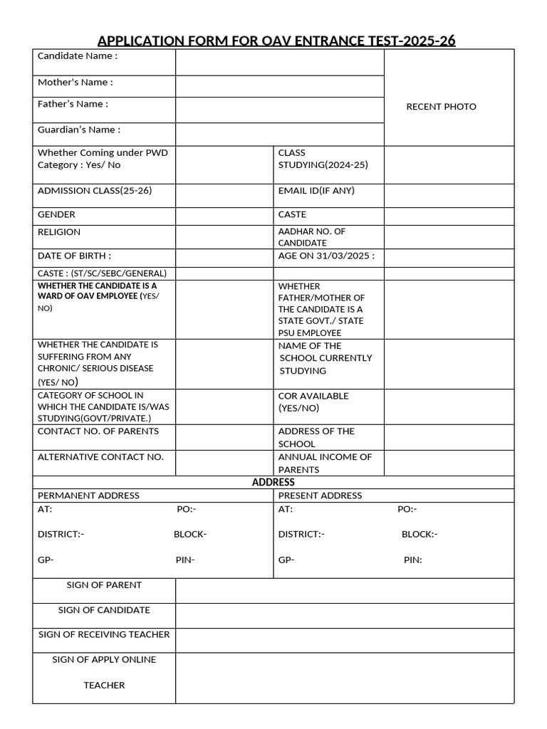 Application Form For Oav Entrance Test | PDF