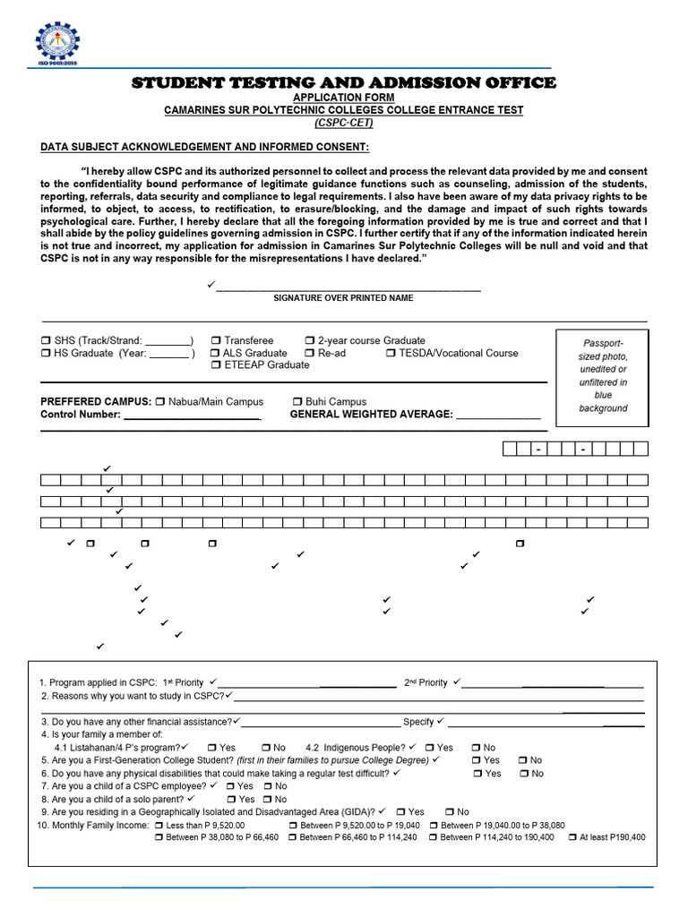 CSPC-CET APPLICATION FORM Rev.9 | PDF | Bachelor Of Science