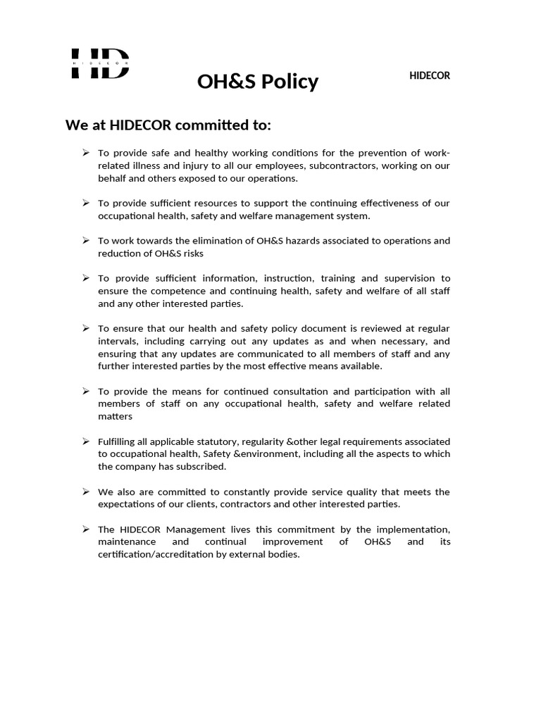 OHSE Policy - HIDECOR | PDF