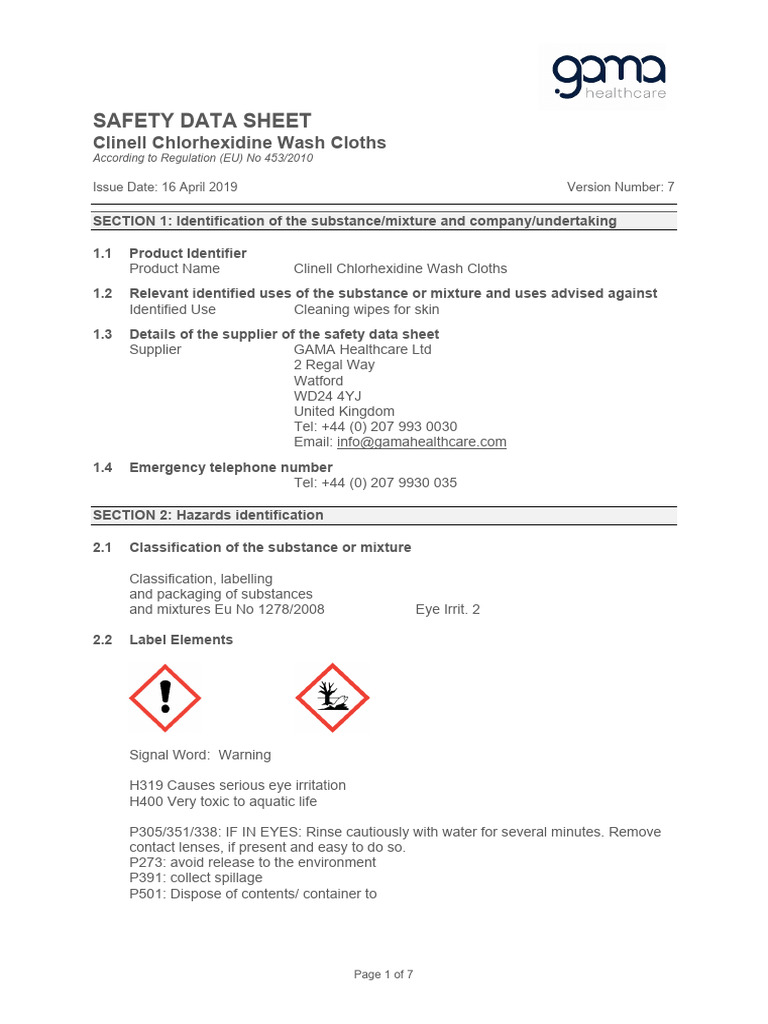 Clinell Chlorhexidine Wipes SDS 2019 | PDF | Toxicity | Personal ...