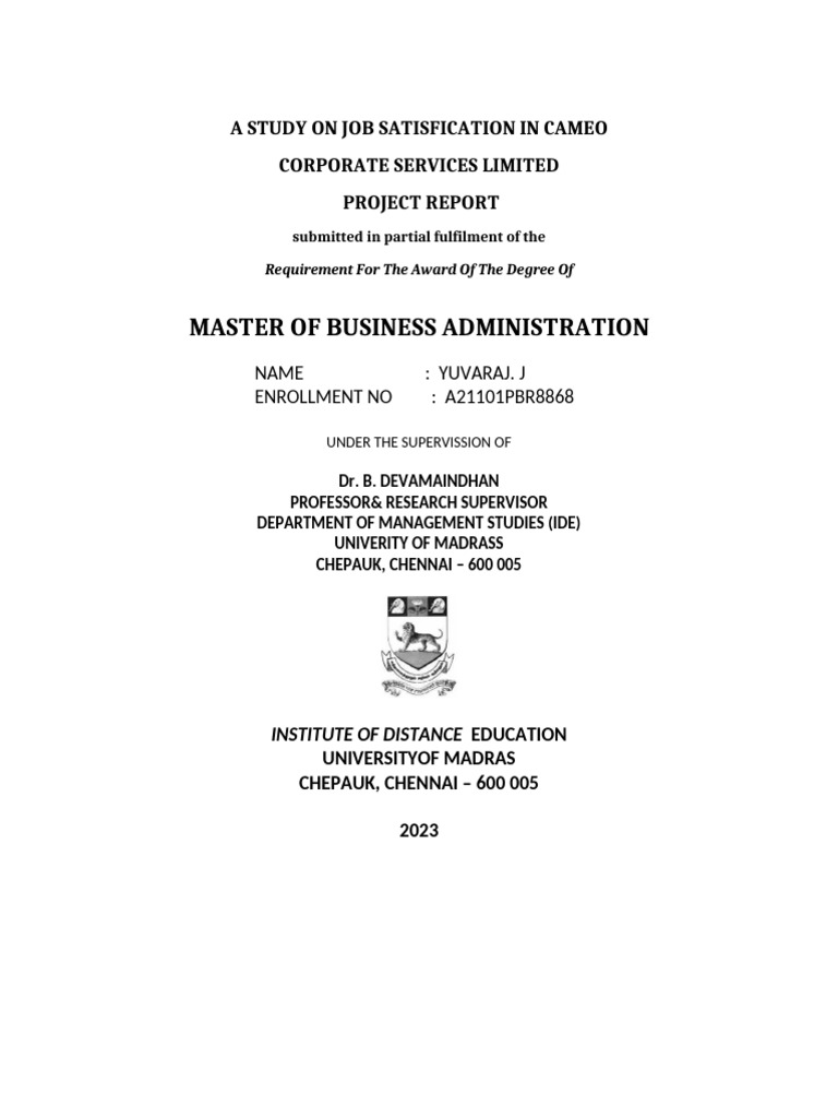 A Study On Job Satisfication in Cameo (Yuvaraj) | PDF | Gratitude ...