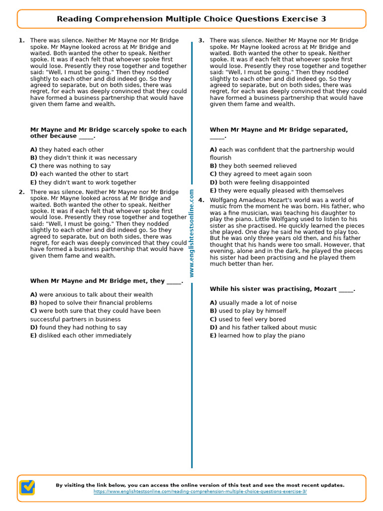 1873 - Reading Comprehension Multiple Choice Questions Exercise 3 | PDF ...