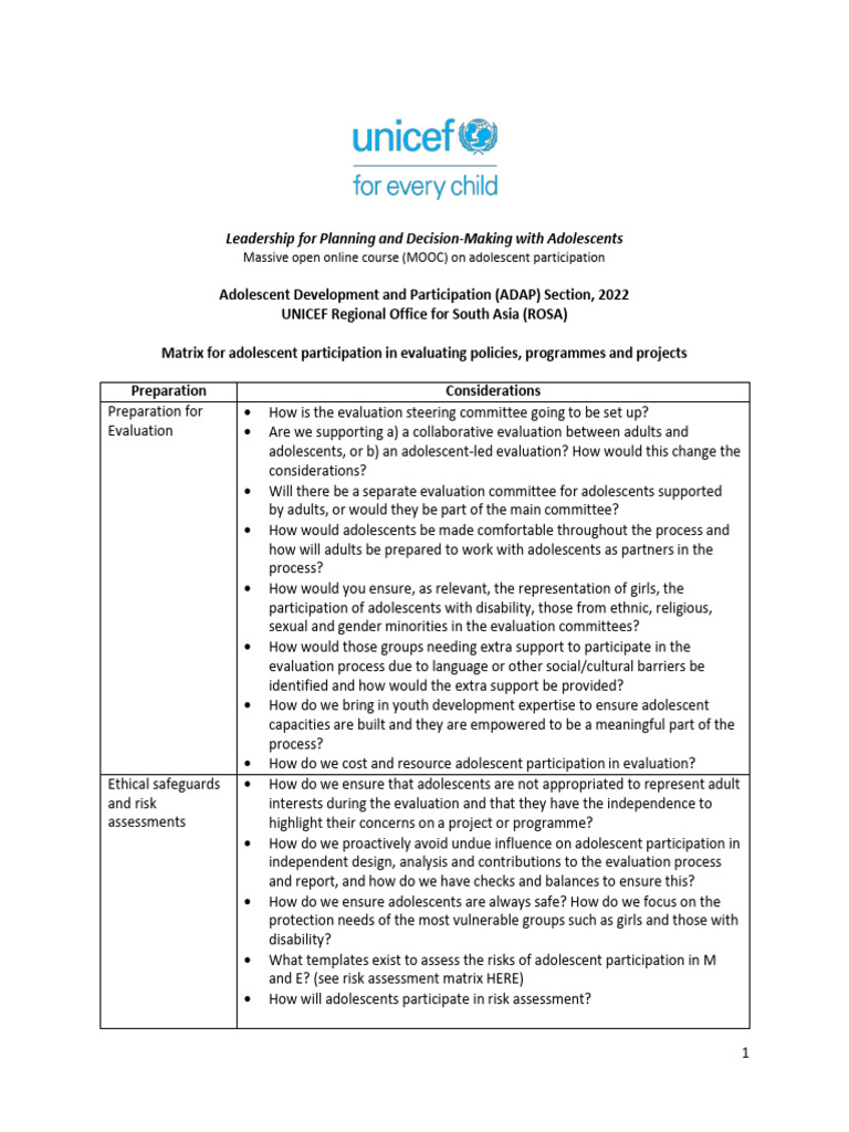 UNICEF ROSA - Matrix For Adolescent Participation in Evaluation | PDF ...