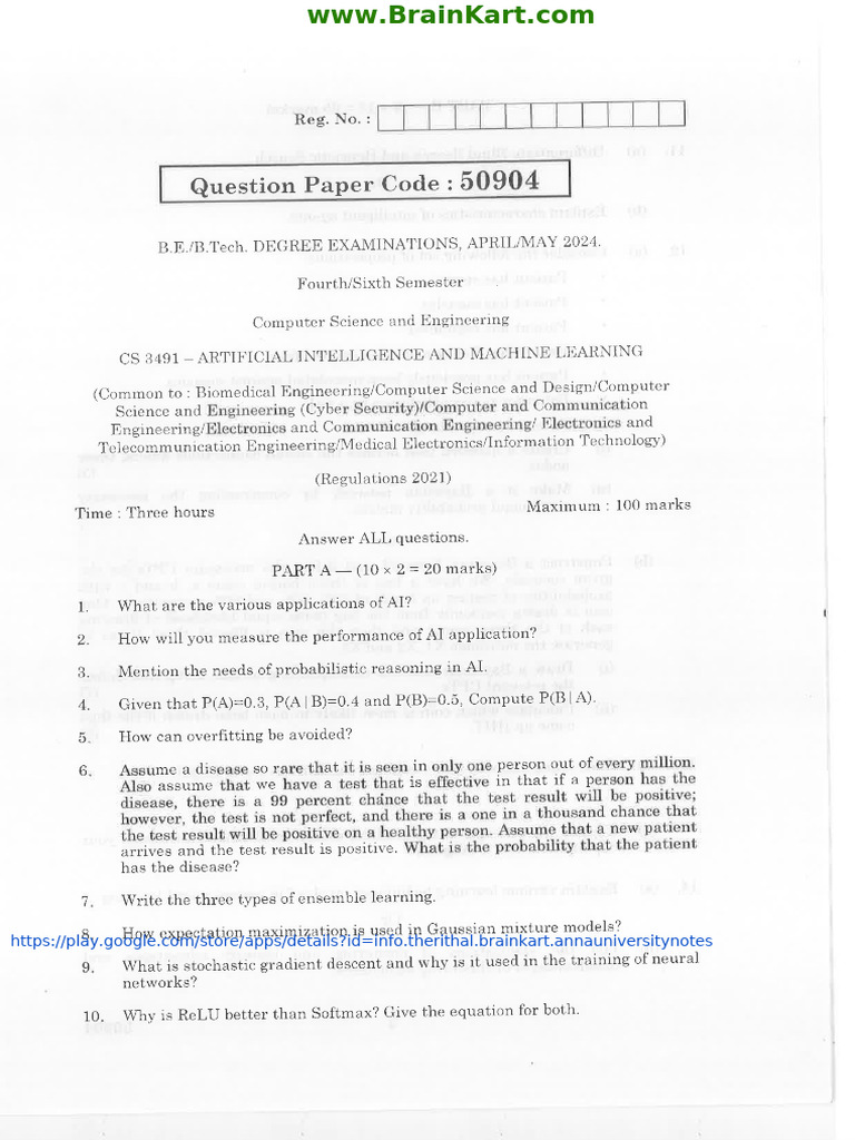 Artificial Intelligence and Machine Learning - CS3491 2021 Regulation - Question Paper 2024 ...