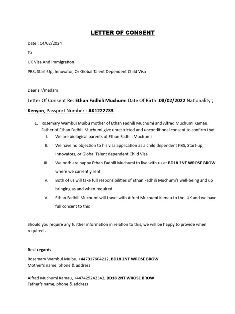 Consent Letter for UK Visa Application | PDF