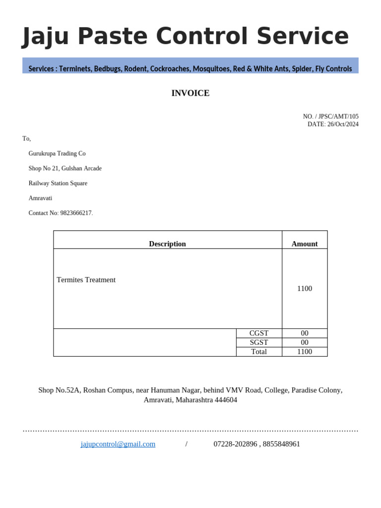 Jaju Pest Control Invoice - Termite Treatment | PDF