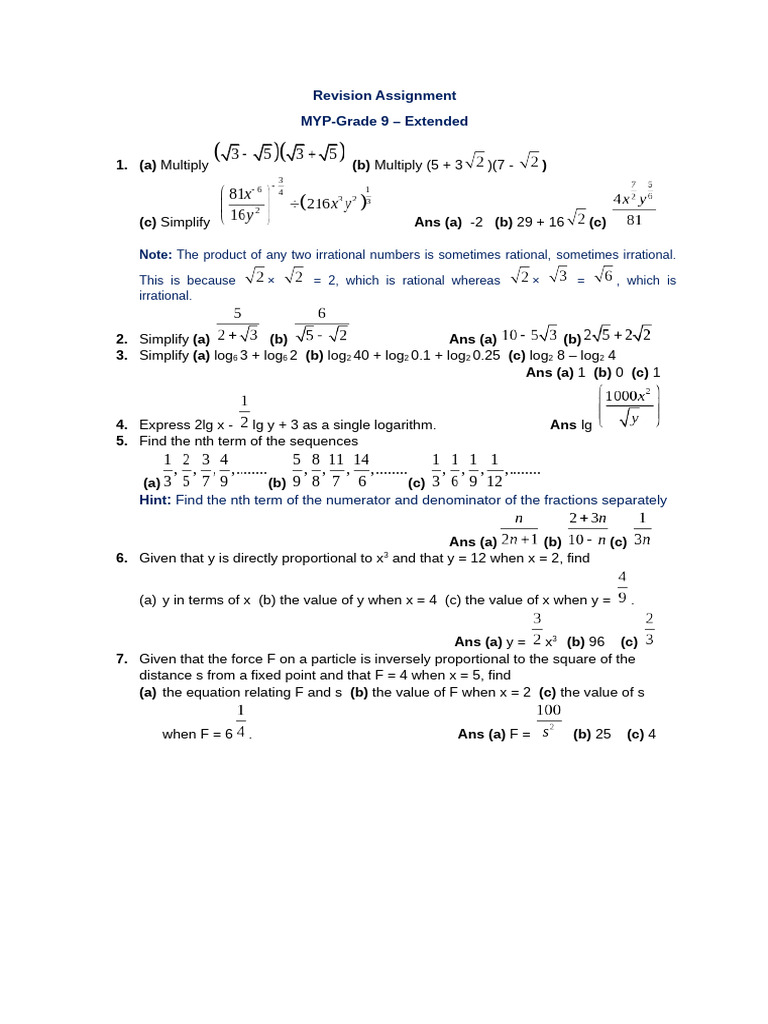 MYP-Grade 9 - Extended Revision Assignment | PDF | Number Theory | Elementary Geometry