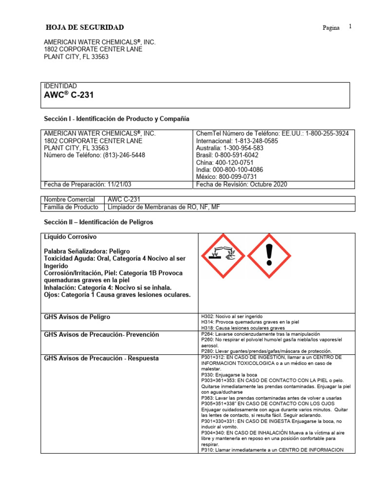 C-231 SDS GHS Spa | PDF | Agua | Corrosión