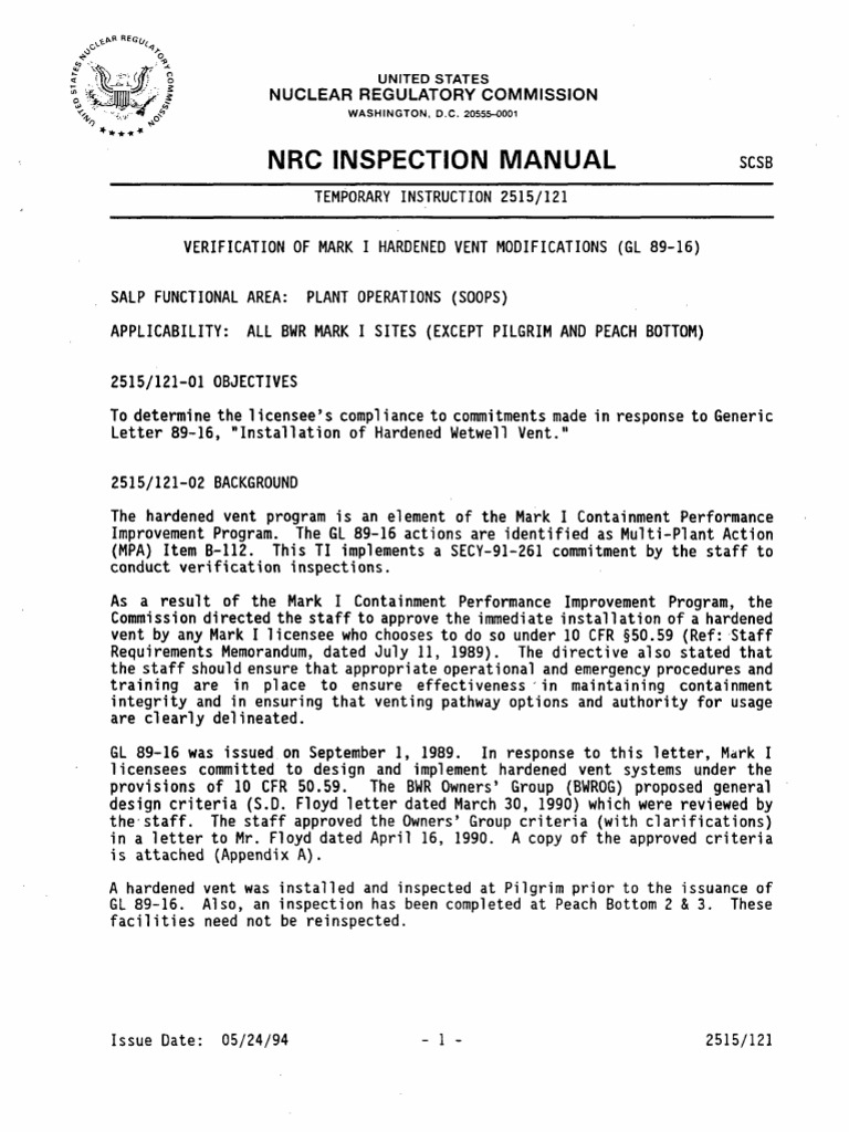 GL 89-16 - BWR Mark 1 VERIFICATION OF MARK I HARDENED VENT ...