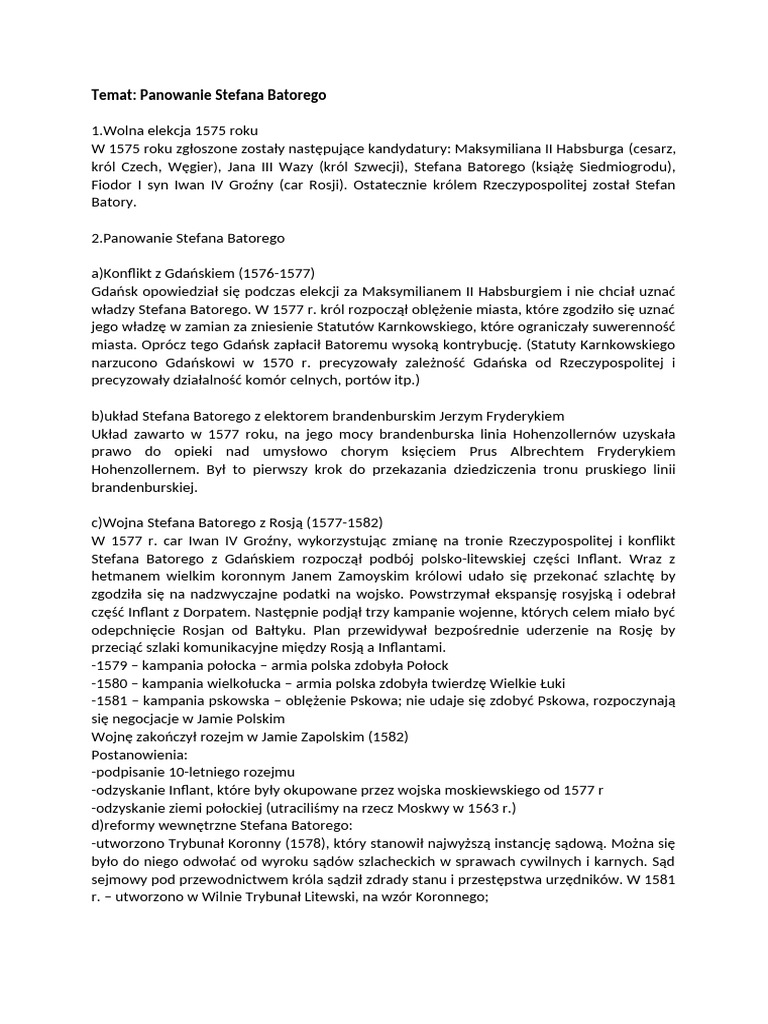 Panowanie Stefana Barotrgo-Notatka | PDF