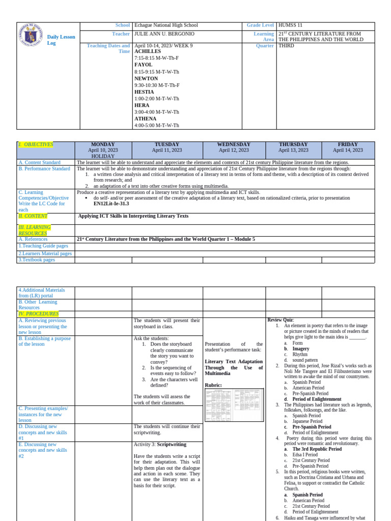 Q1-W9-DLL-21st Century Literature | PDF | Educational Technology | Learning