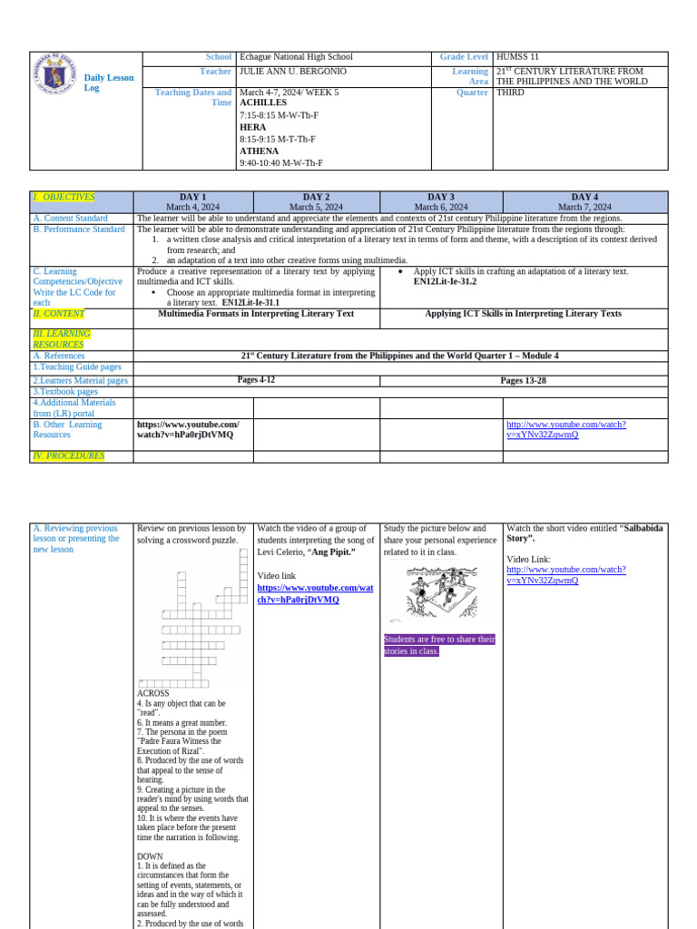 Q1-W5-DLL-21st Century Literature | PDF | Multimedia | Educational ... Q1-W5-DLL-21st Century Literature | PDF | Multimedia | Educational ...