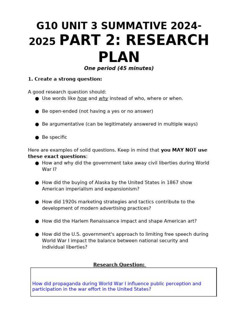 1202 G10 2024-2025 Unit 3 Summative Part 2 - Research Plan 2 | PDF | Propaganda | World War I